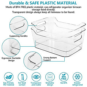 Refrigerator Organizer Bins Storage Clear Plastic BPA Free Storage Containers with Handles for Fridge, Freezer, Cabinet, Kitchen, Bathroom, Pantry