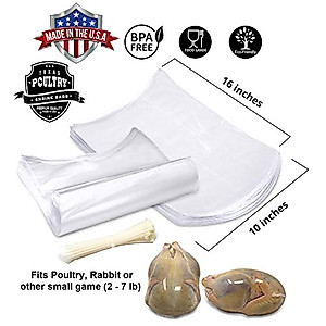 Poultry Shrink Bags - 100 Clear 10" x 16" for Whole Chickens or Rabbits w/ 100 zip ties included / 2.5 Mil Freezer Safe Commercial Grade BPA BPS Free