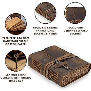 Leather Village Vintage Leather Journal - Vintage Leather bound Journal For Women Men – Handmade Vintage Deckle Edge Paper – Vintage Key Closure - Book of Shadows -Leather Sketchbook - 6 inches X 4 inches