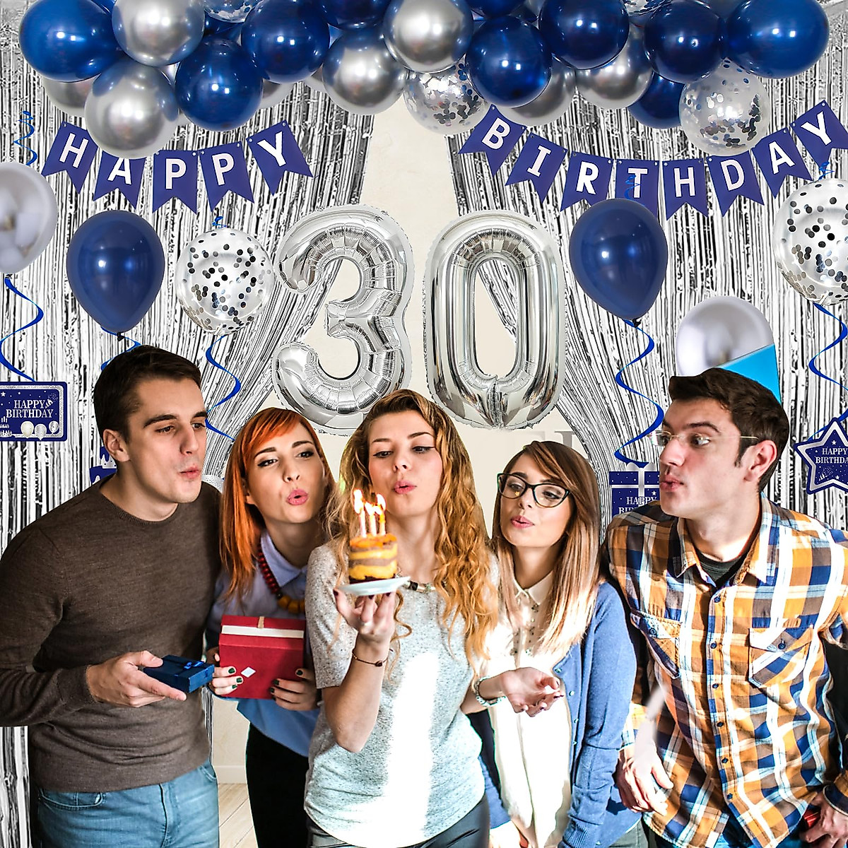 30th Birthday Decorations for Him, Blue and Silver 30th Birthday Party Decorations for Men, Happy Birthday Banner 30th Birthday Balloons Tablecloth Fringe Curtains Hanging Swirls Bday Party Supplies