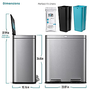Home Zone Living 16 Gallon Dual Trash Can for Recycling and Trash with CleanAura Odor Control, 60 Liter Total Capacity, Silver