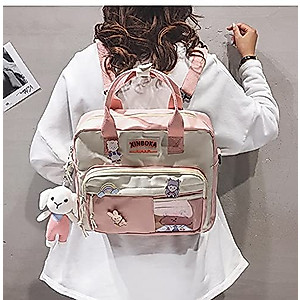 Kawaii Canvas School Backpack with Pendant, Laptop Shoulders Bag, Back to School Off to College Supplies (Pink)