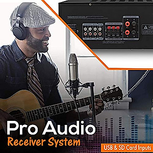 Professional Home Stereo Receiver with USB and SD Card Inputs, MP3 (AUX), 1000 Watts, 2 Mic Inputs, Recorder, Wireless Remote, FM Digital Tuner