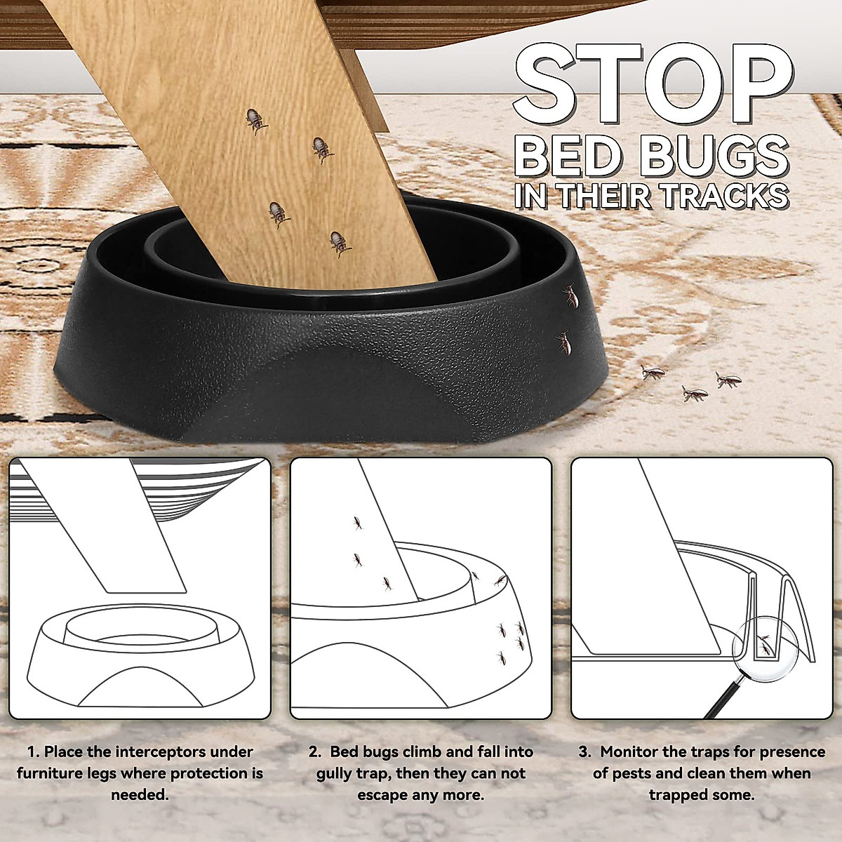 Bed Bug Interceptors with Anti Skid Pads | Bed Bug Trap | Bed Bug Traps and Detectors | Bed Bug Traps for Bed (Black - 4 Pcs)