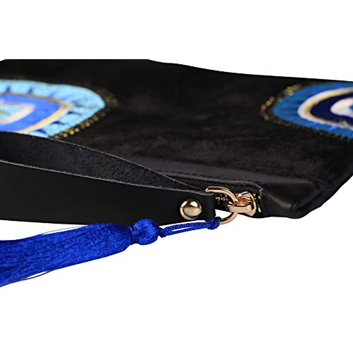 KarensLine Handmade Evil Eye Embroidered Black Velvet Clutch Bag Sunny Beach Summer Style, Medium