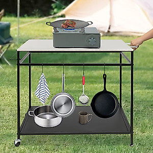 Gagalayong Double-Shelf Movable Outdoor Grill Cart Pizza Oven Stand, Multifunctional Kitchen Food Prep Table with Drawer, Black Solid Steel Dining Worktable on 4 Wheels & Seasoning Tray