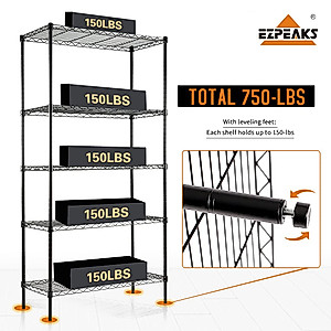 EZPEAKS 2-Pack 5-Shelf Shelving Unit with 5-Shelf Liners, Adjustable, Steel Wire Shelves, 150lbs Loading Capacity Per Shelf, Shelving Units and Storage for Kitchen and Garage (30W x 14D x 60H)