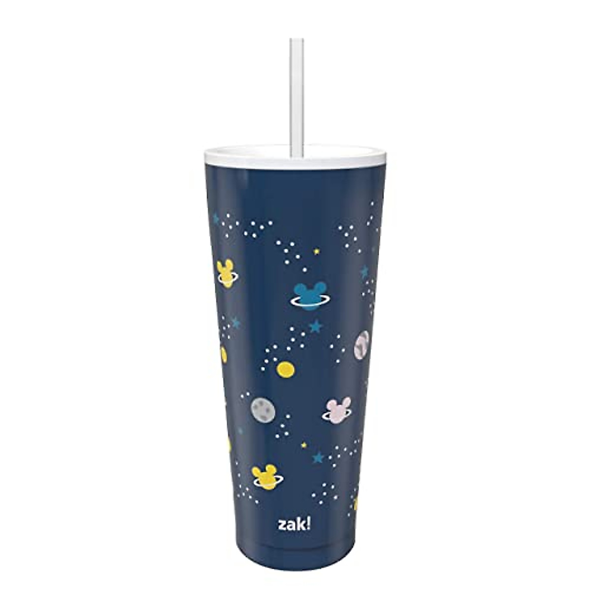 Zak Designs Disney Mickey Mouse Vacuum Insulated Stainless Steel Travel Tumbler with Splash-Proof Lid, Includes Reusable Plastic Straw and Fits in Car Cup Holders (18/8 SS, 25 oz, Space)