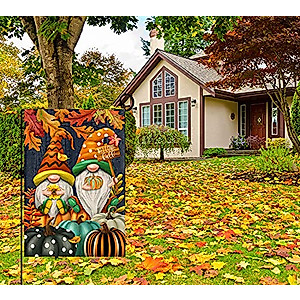 BLKWHT Fall Pumpkin Gnomes Small Garden Flag 12x18 Inch Vertical Double Sided Welcome Halloween Thanksgiving Maple Leaves Burlap Yard Outdoor Decor BW031-18