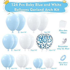 Blue and White Balloons Garland Arch Kit, 124 Pcs 18/12/10/5 Inch Light Blue balloons Matte White Latex Balloons, Pastel Baby Blue Balloons with Blue Confetti Balloons for Birthday Party Decoration