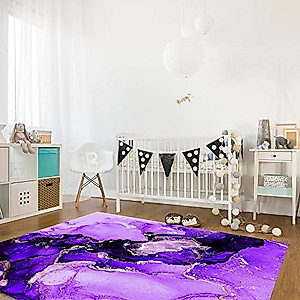 Contemporary Non-Slip Area Rug Abstract Ink Paint Purple and Gold Marble Art Painting Printed Rugs Art Carnival Rubber Backing Living Room Floor Mats Rectangle Area Rug Carpet for Indoor 2'x3'