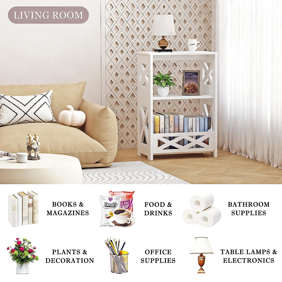 BYFU White Side Table, Small End Table with Storage Shelf, 3-Tier Nightstand Bedside Table Bookshelf Bookcase Display Rack for Small Spaces Bedroom Bathroom Living Room Office