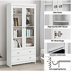 YIGOBUY White Bookcase with Glass Doors Tall Display Cabinet Wooden Bookshelf Organizer for Home Bedroom, Living Room, Office, Library with Doors, White Freestanding Kitchen Pantry