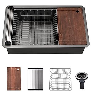 32 Undermount Black Stainless Steel Kitchen Sink Workstation, Gabhar 32×19 Inches 16Gauge Gunmetal Black Stainless Steel Undermount Worksation Kitchen Sinks With Offset Drain