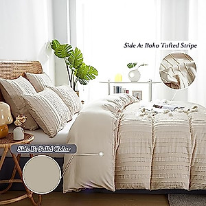 Nayoroom Boho Striped Duvet Cover Set King Size Beige Khaki Tufted Textured Bedding Sets 3 Pieces Soft Lightweight Washed Microfiber Aesthetic Comforter Cover with Zipper Closure for All Seasons