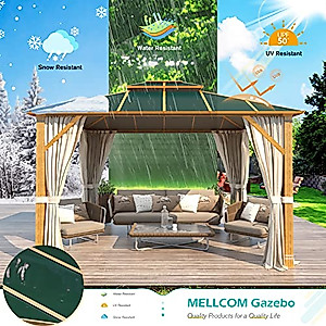 MELLCOM 10' x 12' Hardtop Gazebo, Wooden Finish Coated Aluminum Frame Outdoor Gazebo with Aluminum Double Roof, Blackish Green Metal Gazebo with Curtains and Nettings for Patios, Gardens, Lawns
