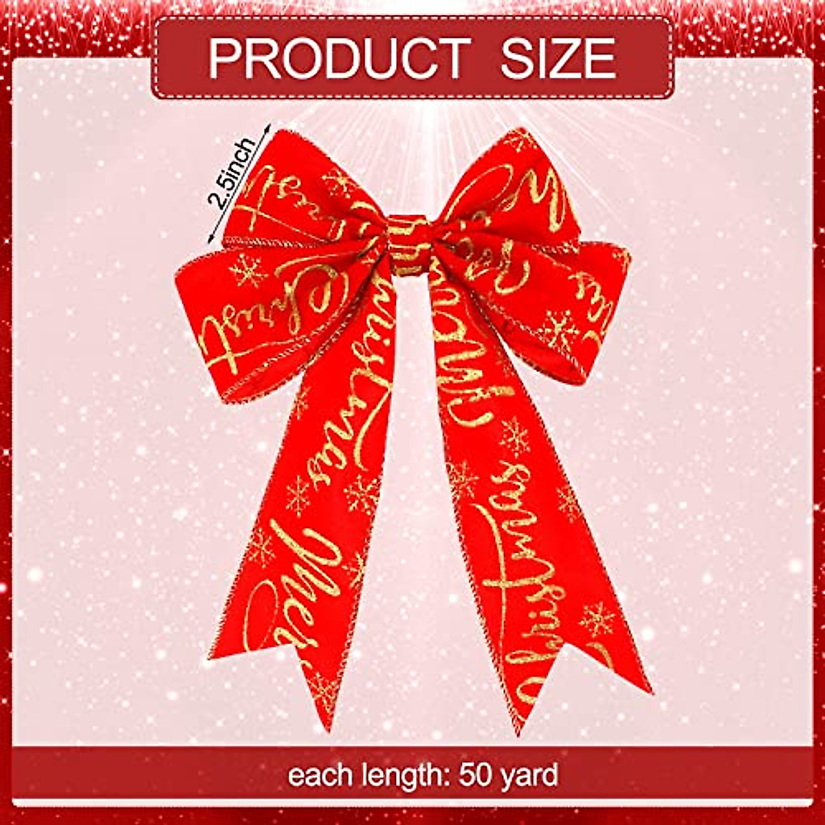 50 Yards Merry Christmas Wired Ribbon 2.5 Inch Wide, Christmas Velvet Candy Wrapping Ribbon, Gold Trim Wrapping Ribbon Roll for Christmas Party Gift Decoration Craft Wreath Bow Making (Red)
