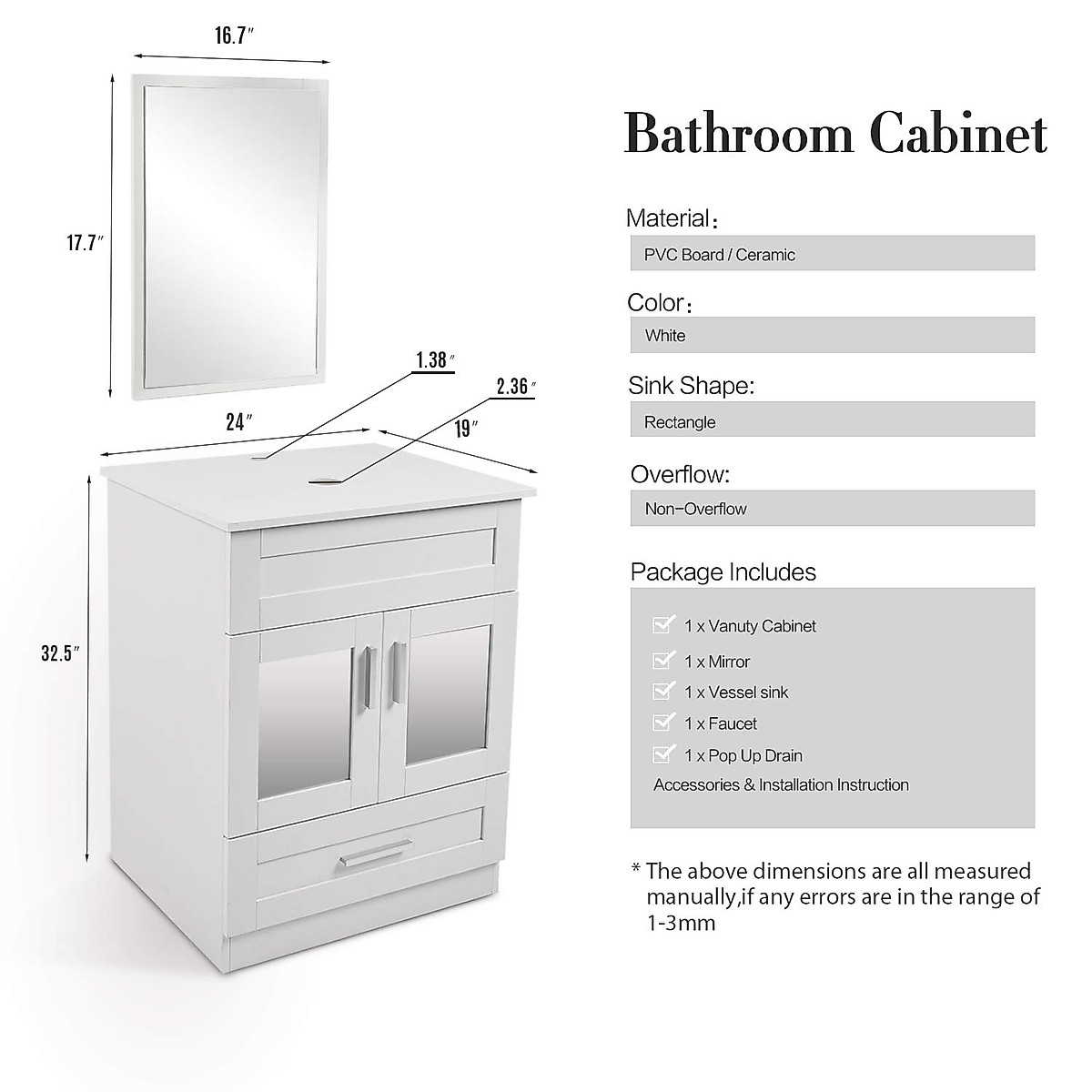 Puluomis Modern Vessel and Boat Sink Tops Combol 24 Inch Bathroom Cabinet with 1.5 GPM Water Save Faucet & Solid Brass Pop Up Drain and Mirror