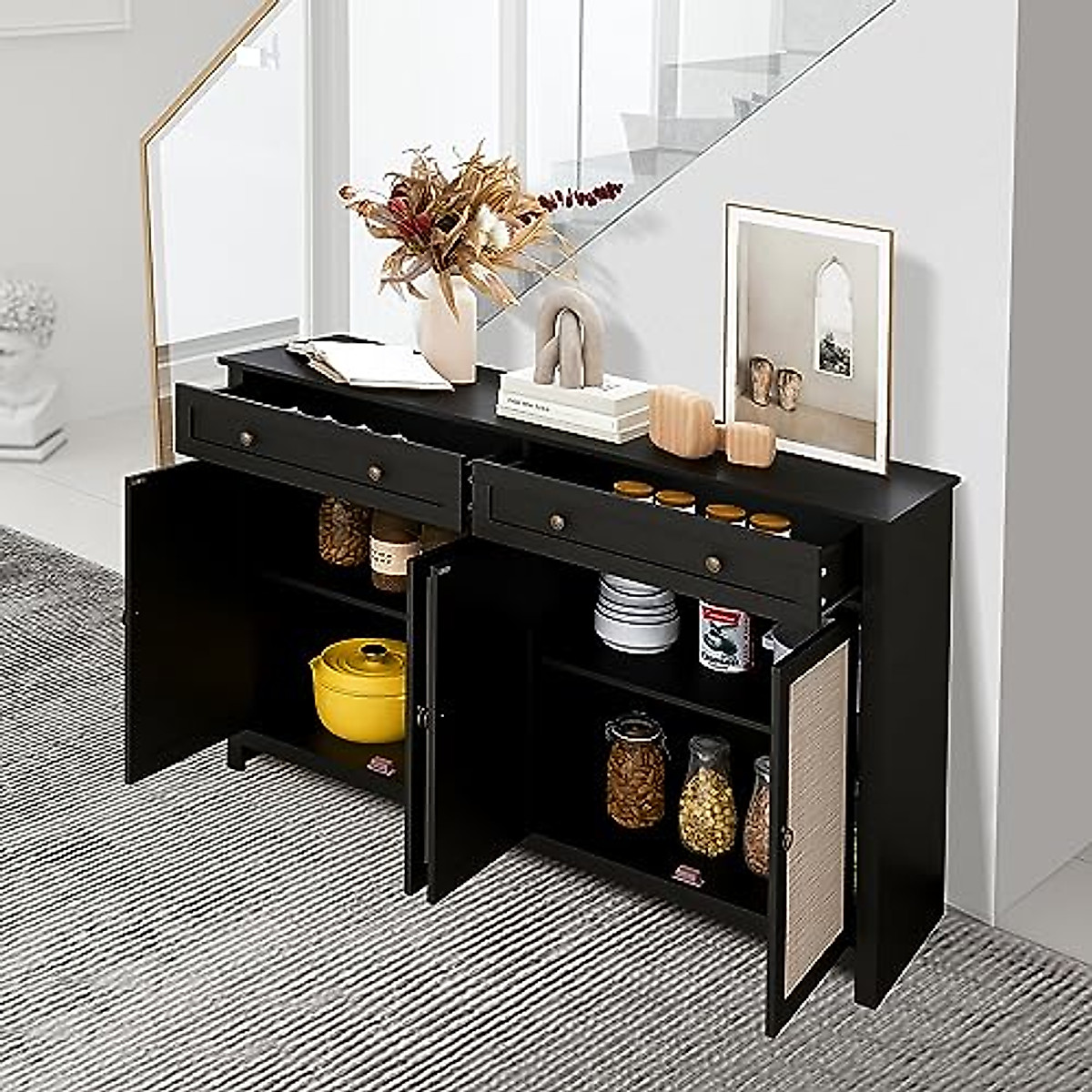 Black Sideboard Buffet Cabinet, Rattan Storage Cabinet Console Table, Buffet Server Bar Cabinet with 4 Doors, 2 Drawers and Adjustable Shelves for Living Room, Bedroom, Hallway, Kitchen, Entryway