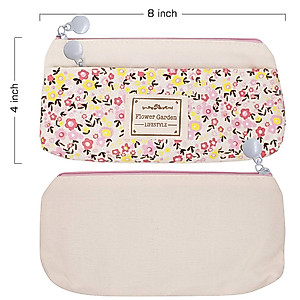 4 Pack Flower Floral Canvas Pen Pencil Cases Makeup Bags, FineGood Stationery Pouch Holders with Double Zippers for School Students Kids, with 2 Hang Ropes - Dark Blue, Light Blue, Pink, Cream