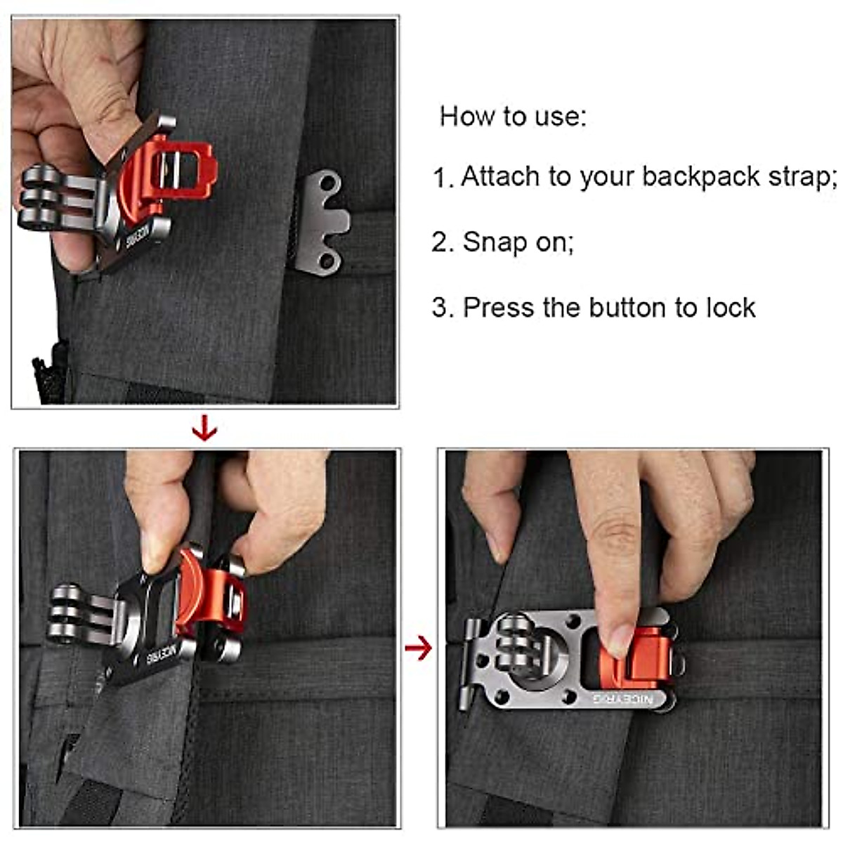 NICEYRIG Backpack Mount Clip for GoPro Hero 10/9/8/7/6/5, DJI Osmo Action, Universal Action Camera 360 Degree Shoulder Strap Mounting Clamp - 338