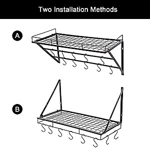 FLRH Kitchen Wall Mounted Pot Rack, 23.6 Inch Metal Kitchen Storage Shelf, 2 Tier Hanging Rails with 10 Hooks Floating Shelves (Black)