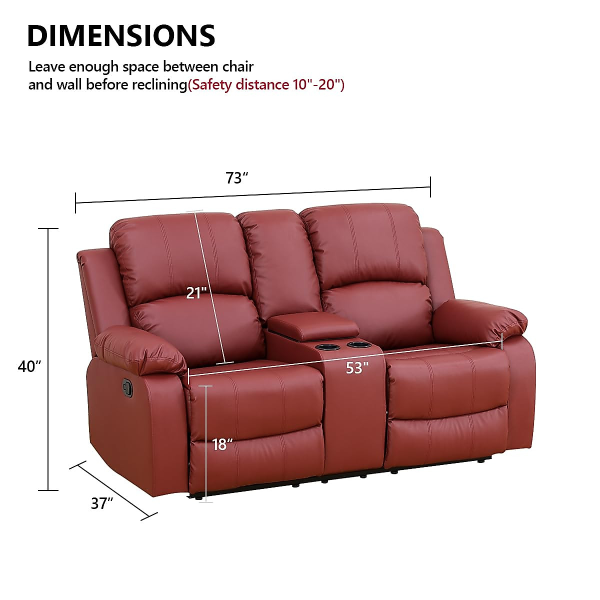 Mlxgoie 73" Leather Loveseat Sofa Manual Double Recliner Chair with Cup Holders and Storage Space, 74.5x37x40 in, Red