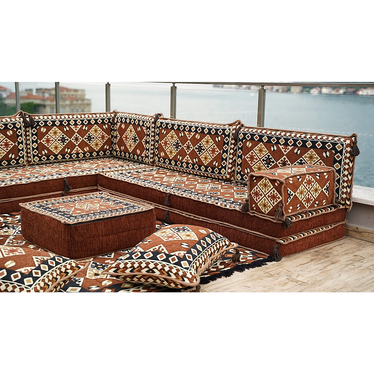 Brown Livingroom Cushions, 8" Thickness Corner Floor Seating Set, L Shaped Floor Couch, Sectional Sofa Set, Floor Pillows, Arabic Majlis, Sofa Bed (L Sofa Full Set)