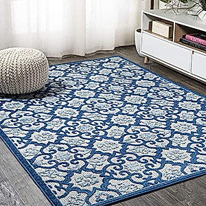 JONATHAN Y AMC107B-8 Gallia Tile Trellis High-Low Indoor Outdoor Area-Rug Bohemian Floral Easy-Cleaning High Traffic Bedroom Kitchen Backyard Patio Porch Non Shedding, 8 ft x 10 ft, Light Gray/Blue