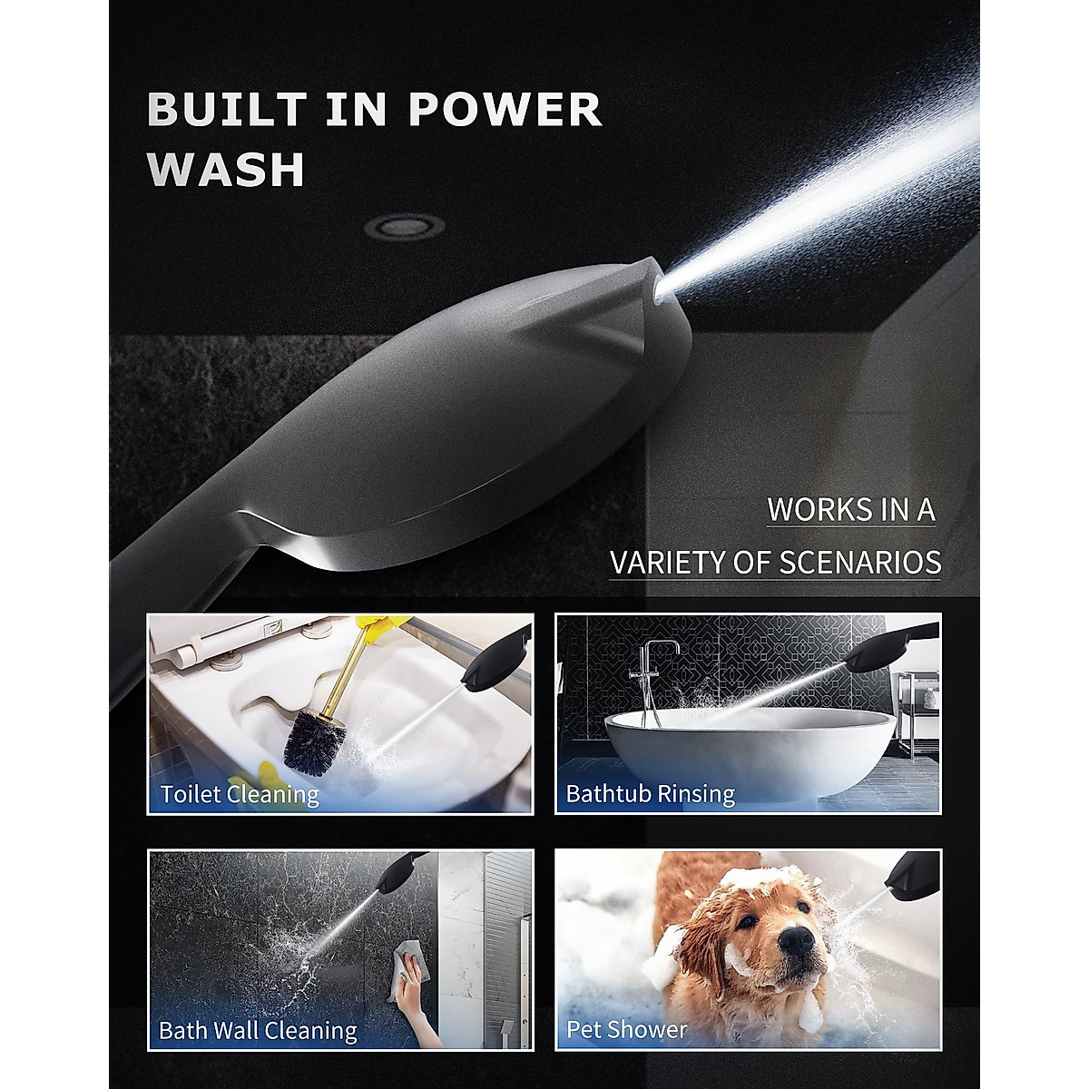 Black Shower Head, L'amourqua High Pressure 6-Model Handheld Shower Head, Built-in Power Wash to Clean Bathtub and Pets, with 59" Stainless Steel Hose and Handheld Showerhead Holder