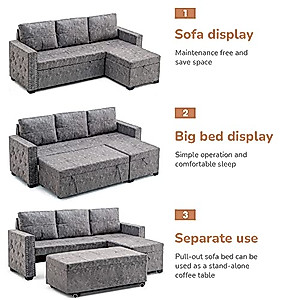 Merax 84" Pull-Out Sleeper Sofa Bed with USB Port,L-Shaped Storage Corner Sofa Bed with Storage Chaise Lounge, 3-Seater Upholstered Sofa Couch with Nail Head Trim