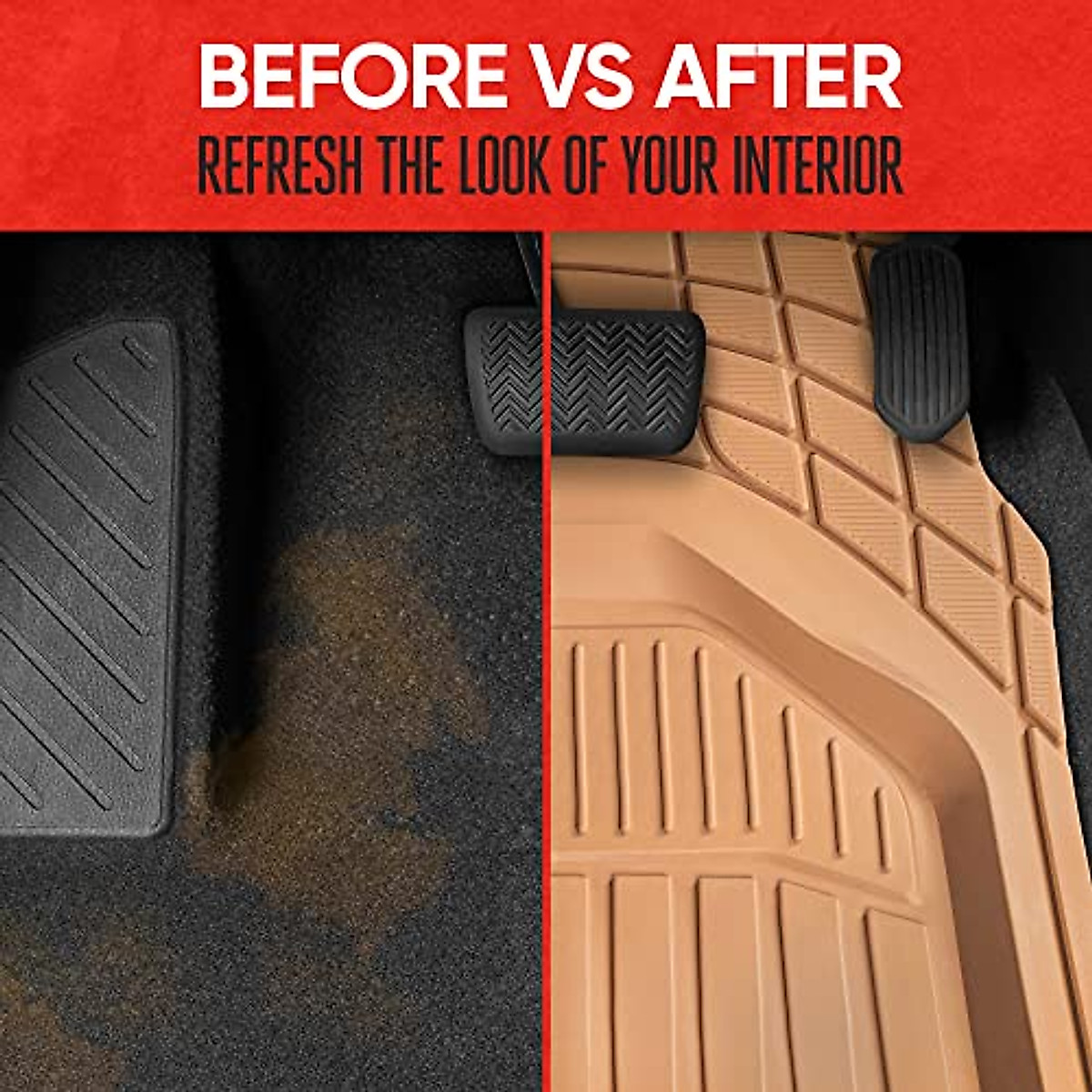 Motor Trend 943-BG FlexTough Defender Car Floor Mats -Next Generation Deep Dish Heavy Duty Contour Liners for Car SUV Truck & Van-All Weather Protection, Trim to Fit Most Vehicles Beige