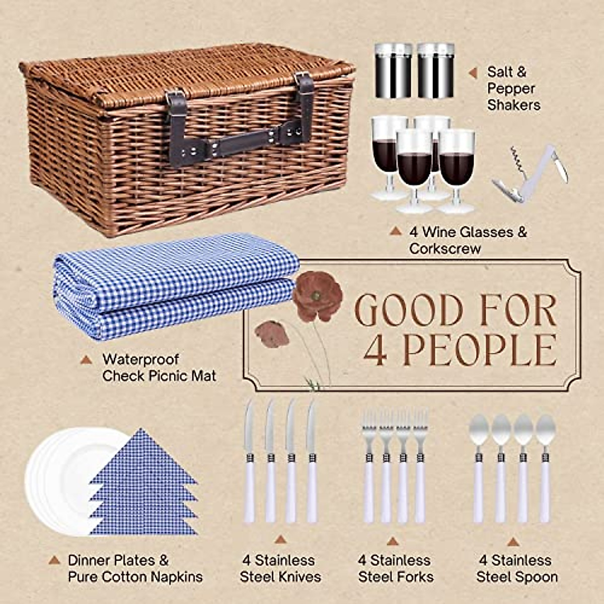 Flexzion Picnic Basket for 4 Person, Rectangular Wicker Picnic Basket Set, Insulated Picnic Case with Waterproof Lining and Blanket, Napkins, Cutlery Set, Wine Glasses, Bottle Opener and Plates