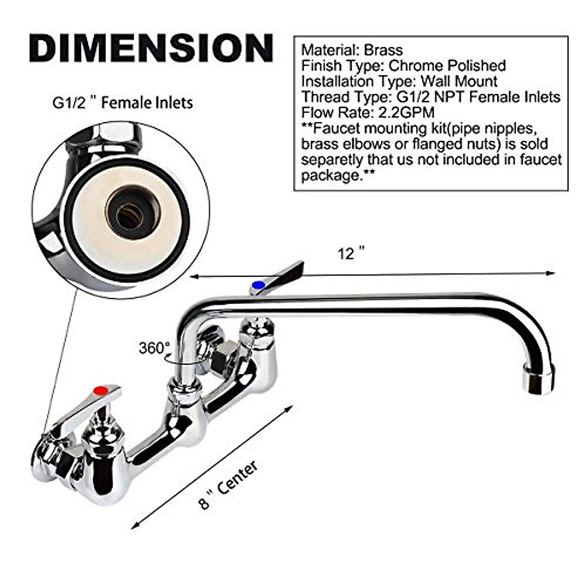COOLWEST 8” Center Wall Mount Commercial Kitchen Sink Faucet with 12 Inch Swivel Swing Spout, 2 Handles Backsplash Mounted Sink Faucets Chrome Finish