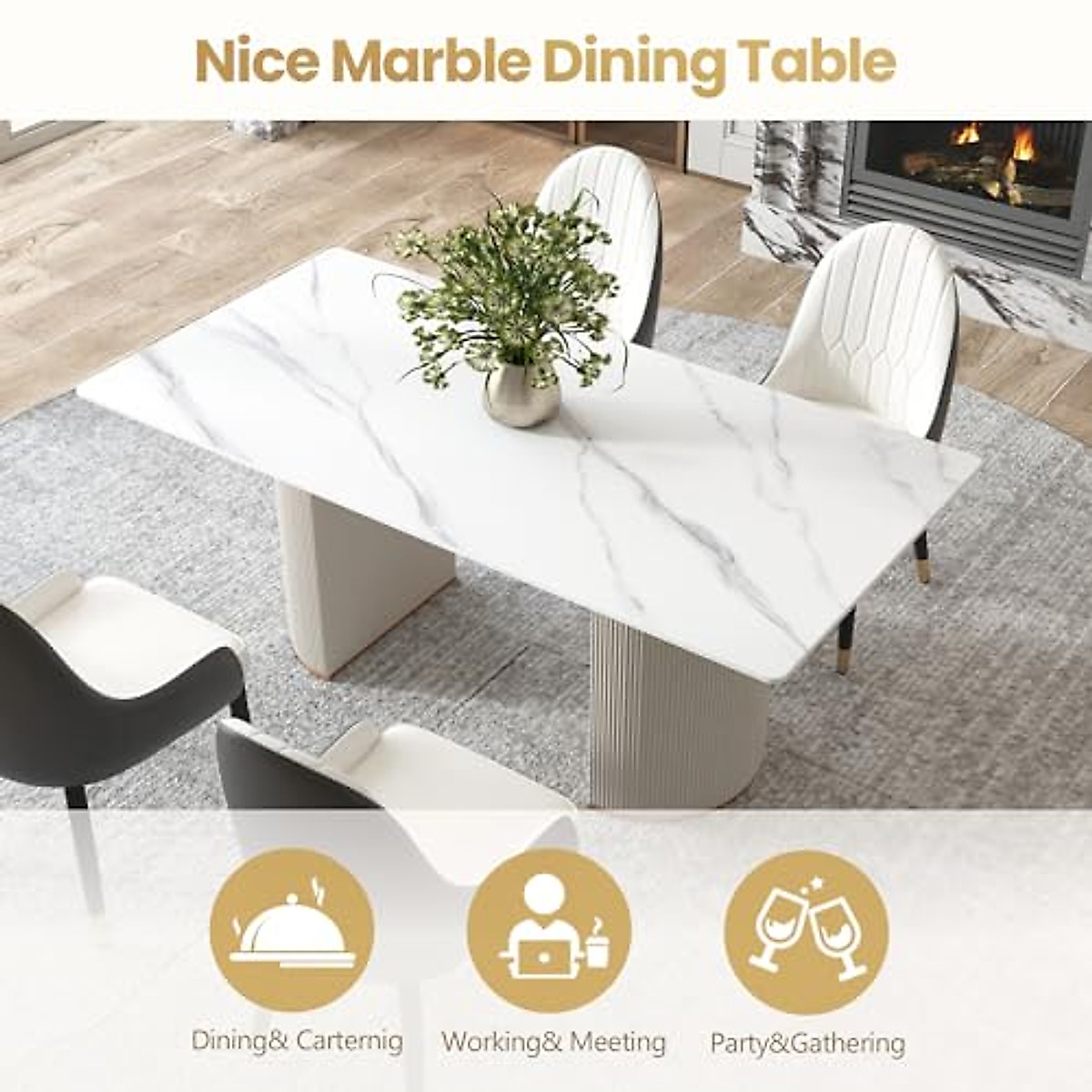 LovingAHome Modern Rectangle Marble Dining Table for 8,79" White Marble Sintered Stone Dining Table with Semi-Circular Pedestal,Faux Marble Kitchen Dinner Table Wrapped in PU Leather (Table Only)