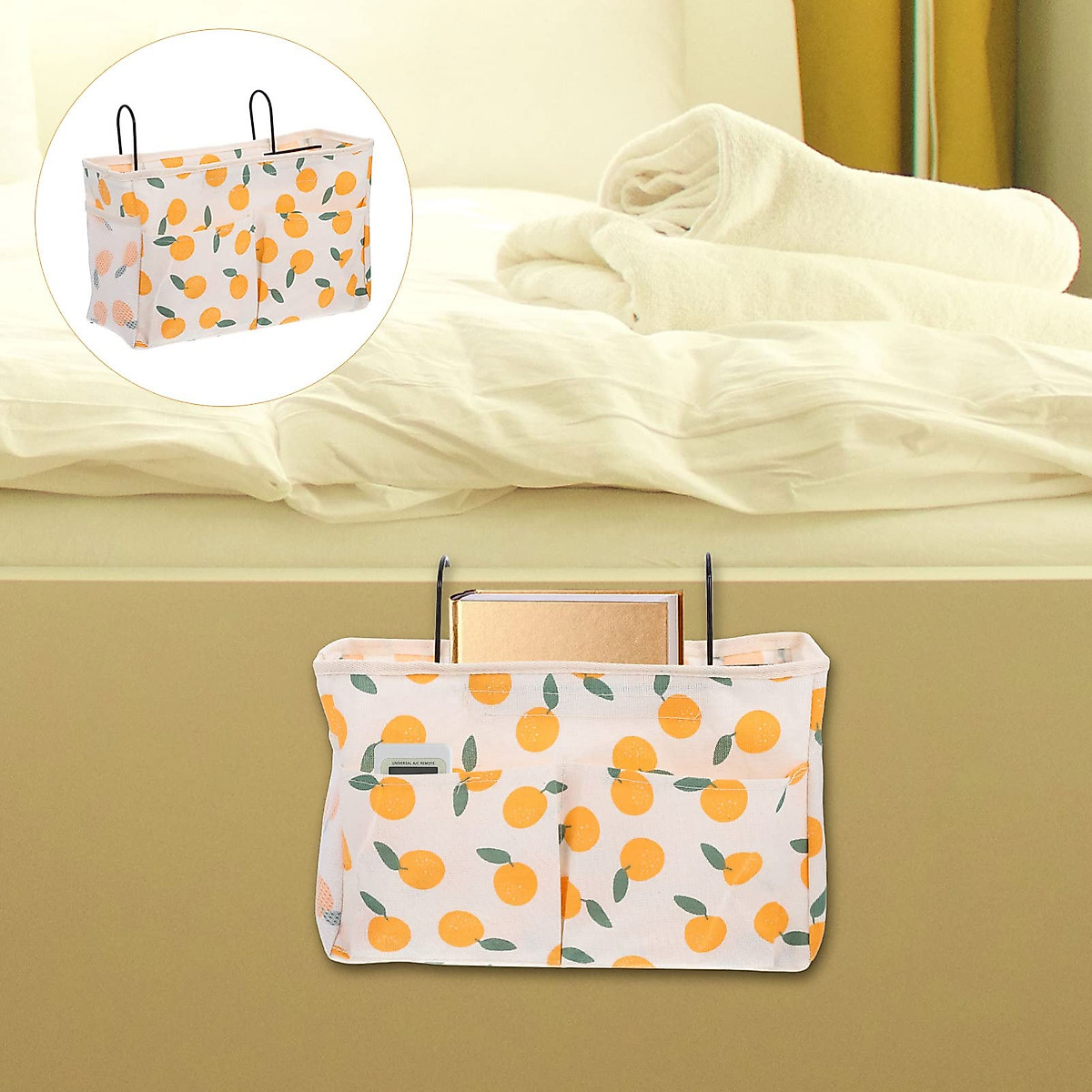 ARTIBETTER Fruit Hanging Basket Orange Bedside Cotton Linen Hanging Storage Bag Bed Storage Pocket Organizer Pouch Diaper Stacker for Bed Crib Craddle Baby Clothes Organizer Storage Bed Frame