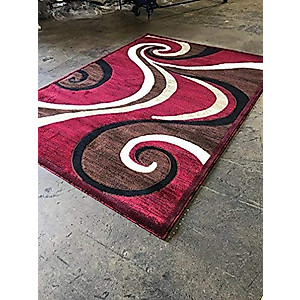 Modern Area Rug Red Contemporary Swirl Carpet King Design 144 (5 Feet 2 Inch X 7 Feet 3 Inch)