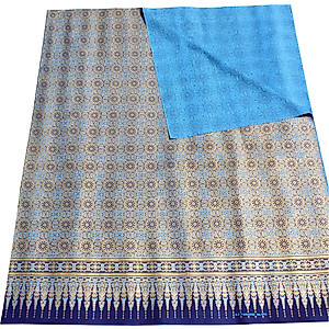 Full Funk Thick Batik Cotton Fabric in Thai Flower Art Print 70x40 inches, Blue