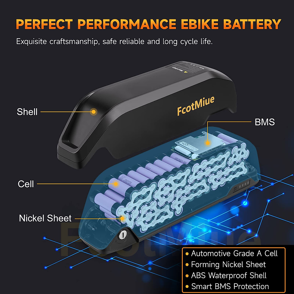 FcotMiue Ebike Battery Pack 48V 24.5Ah Polly Electric Bike Downtube Lithium ion Batteries 5 Pin w/40A BMS丨3A Charger丨XT60 Port for 350W 500W 750W 1000W 1500W Motor (US Warehouse 2-5 Day Delivery)