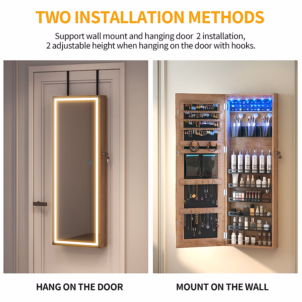 LVSOMT LED Wall/Door Mounted Jewelry Cabinet Armoire, Full Length Mirror with Lights, Lockable Storage Organizer, Over the Door Hanging Dressing Body Mirror (Wood)