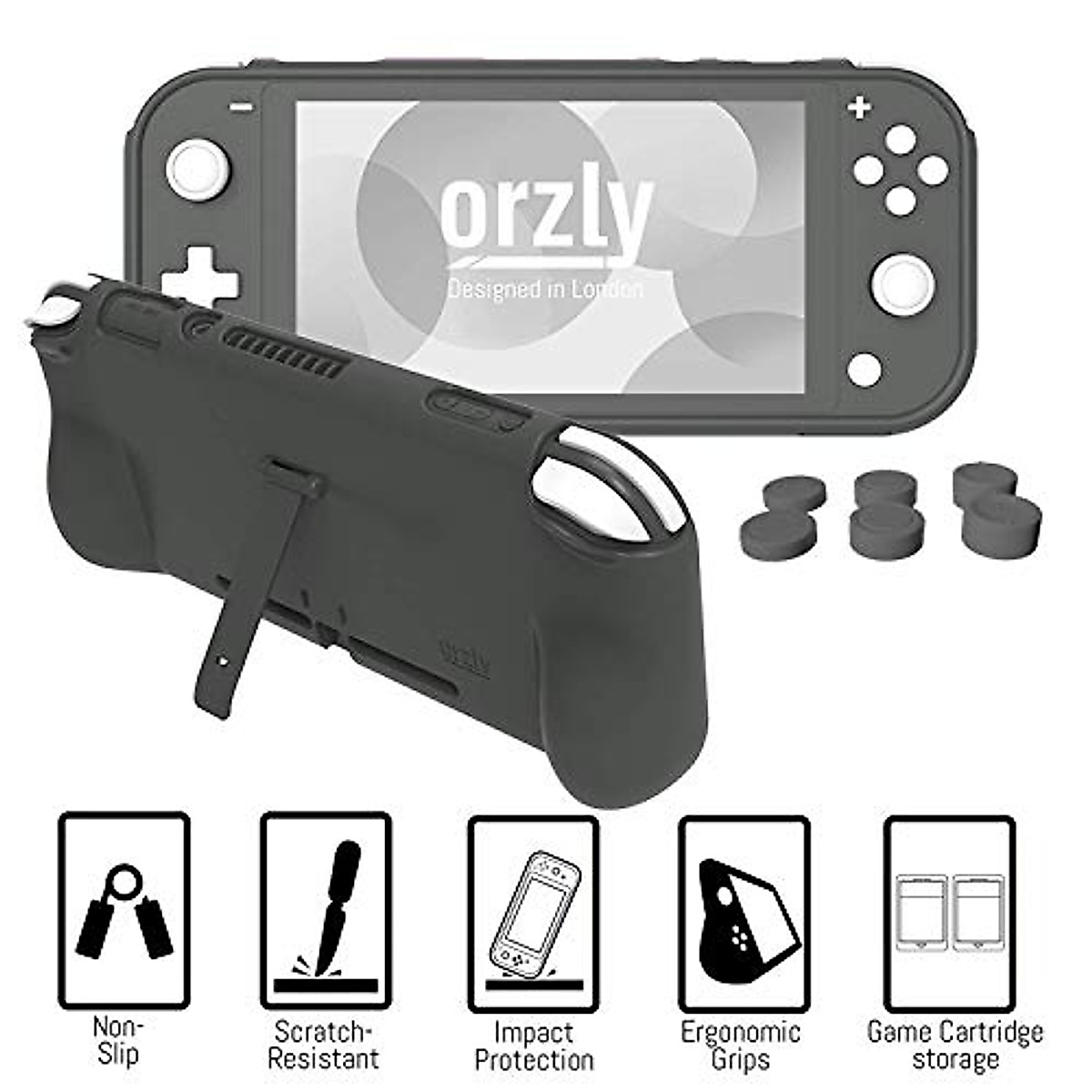 Orzly Switch Lite Accessories Bundle - Case & Screen Protector for Nintendo Switch Lite Console, USB Cable, Games Holder, Comfort Grip Case, Headphones, Thumb-Grip Pack & more (Orzly Gift Pack - Grey)