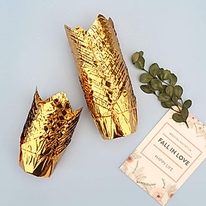 EUSOAR Disposable Baking Cups, 3.5 Ounce 50pcs Gold Tulip Cupcake Muffin Liners, Aluminum Foil Tulip Style Cupcake Cups, Foil Cups, Aluminum Cupcake Pan Ramekin Tins