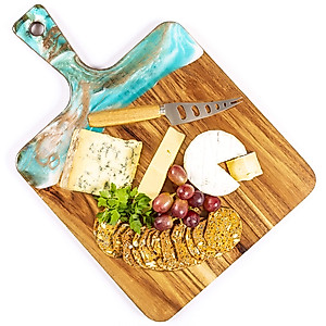 Large wooden charcuterie Board, Paddle 11.5 in x 11.5 in plus 5in Handle, Serving Platter, Cheese Board and Knife Set in Gift box. Charcuterie board, Handmade Ocean themed Epoxy Resin