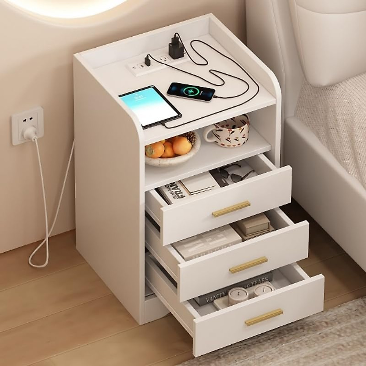 Halitaa White Night Stand with Charging Station, Side Tables with USB Ports & Outlets, End Table with 3 Drawers,LED Night Stand with Storage for Living Room/Bedroom