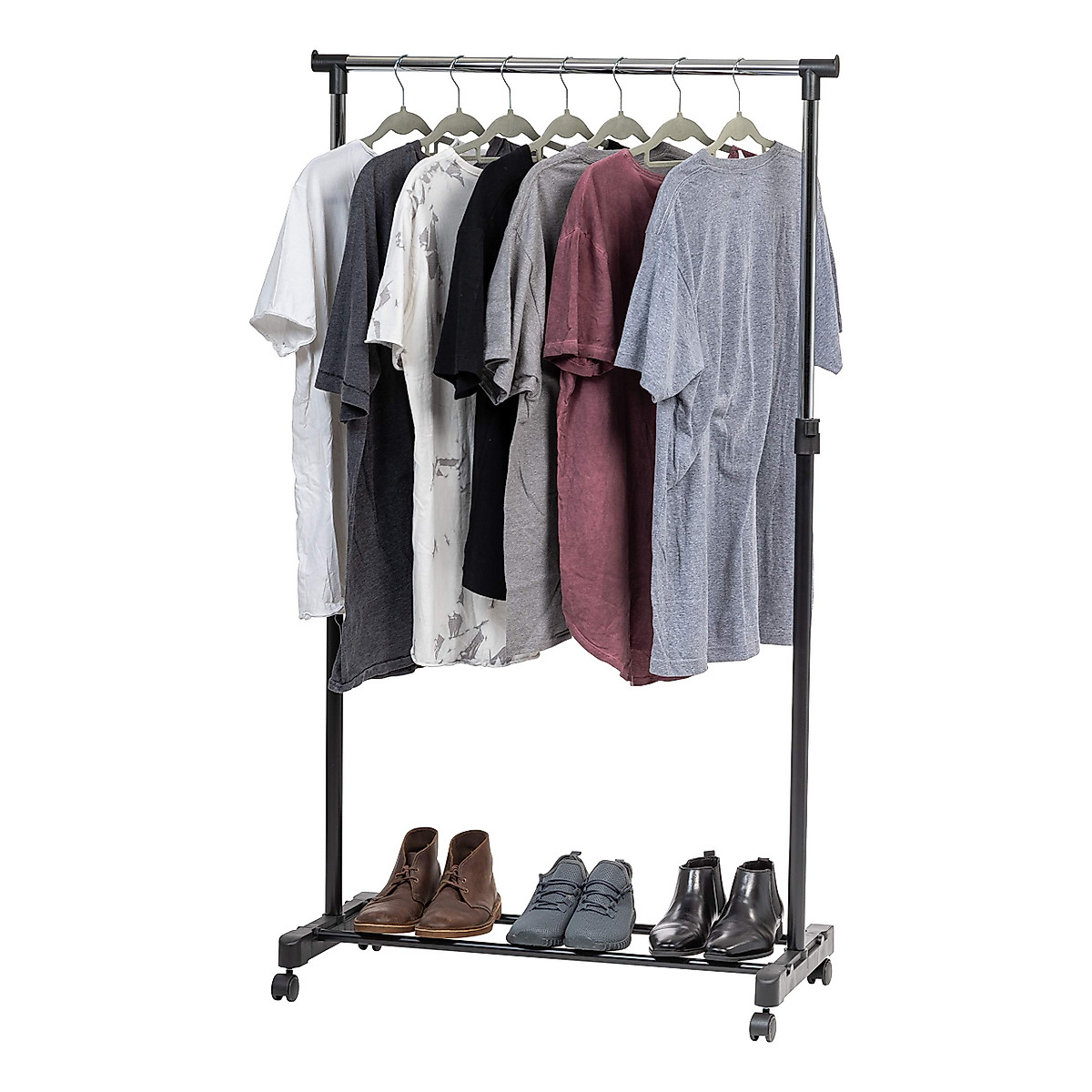 IRIS USA Portable Single-Rod Height Adjustable Clothes Rack with Lockable Wheels, Rolling Garment, Sigle Rod Wardrobe Rack, Easy Assemble, for Clothes, Belts, Shoes, and Bags