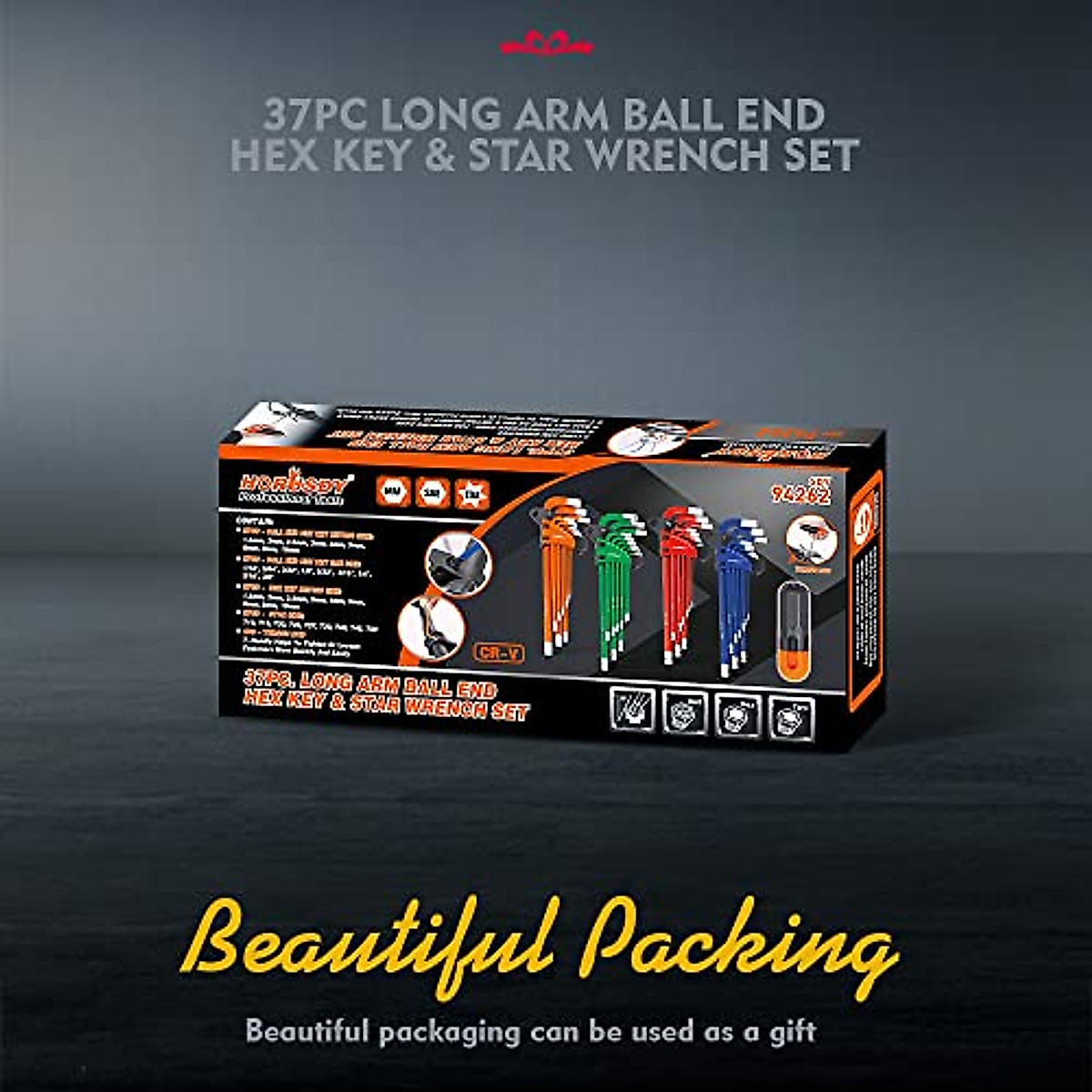 HORUSDY Hex Key Allen Wrench Set, SAE & Metric Star Long Arm Ball End Hex Key Set, Industrial Grade Allen Wrench Set