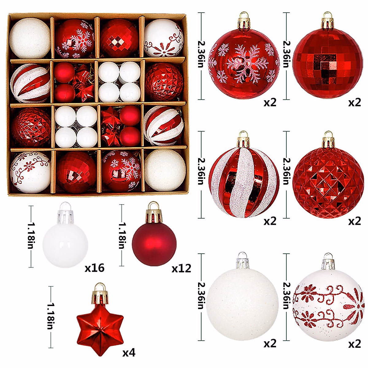 Christmas Decorations Balls, 44pcs 2.36/1.18 inch Hanging Balls Ornament for Christmas Tree, 9 Styles Elk Deer Snowflake Christmas Ball Star Ornaments for Xmas Tree, Homes Decors (Red&White)