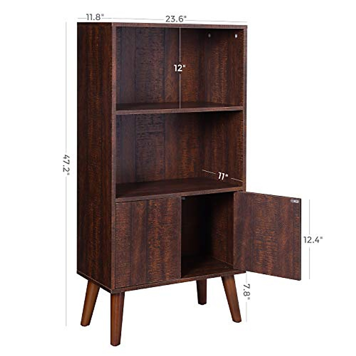 VASAGLE, Walnut Bookcase, 3-Tier Retro Bookshelf with Doors, Storage Cabinet for Books, Photos, Decorations in Living Room, Office, Study, Mid-Century Style, ULBC09BY