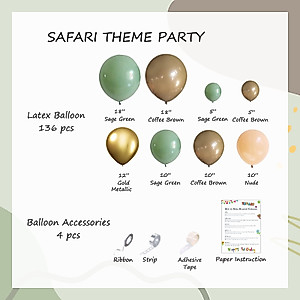 TOPLLON Sage Green Balloon Garland Kit 140 Pcs, Safari Woodland Balloon Arch with Brown Beige Gold Matte Balloons for Baby Shower Safari Birthday Decorations