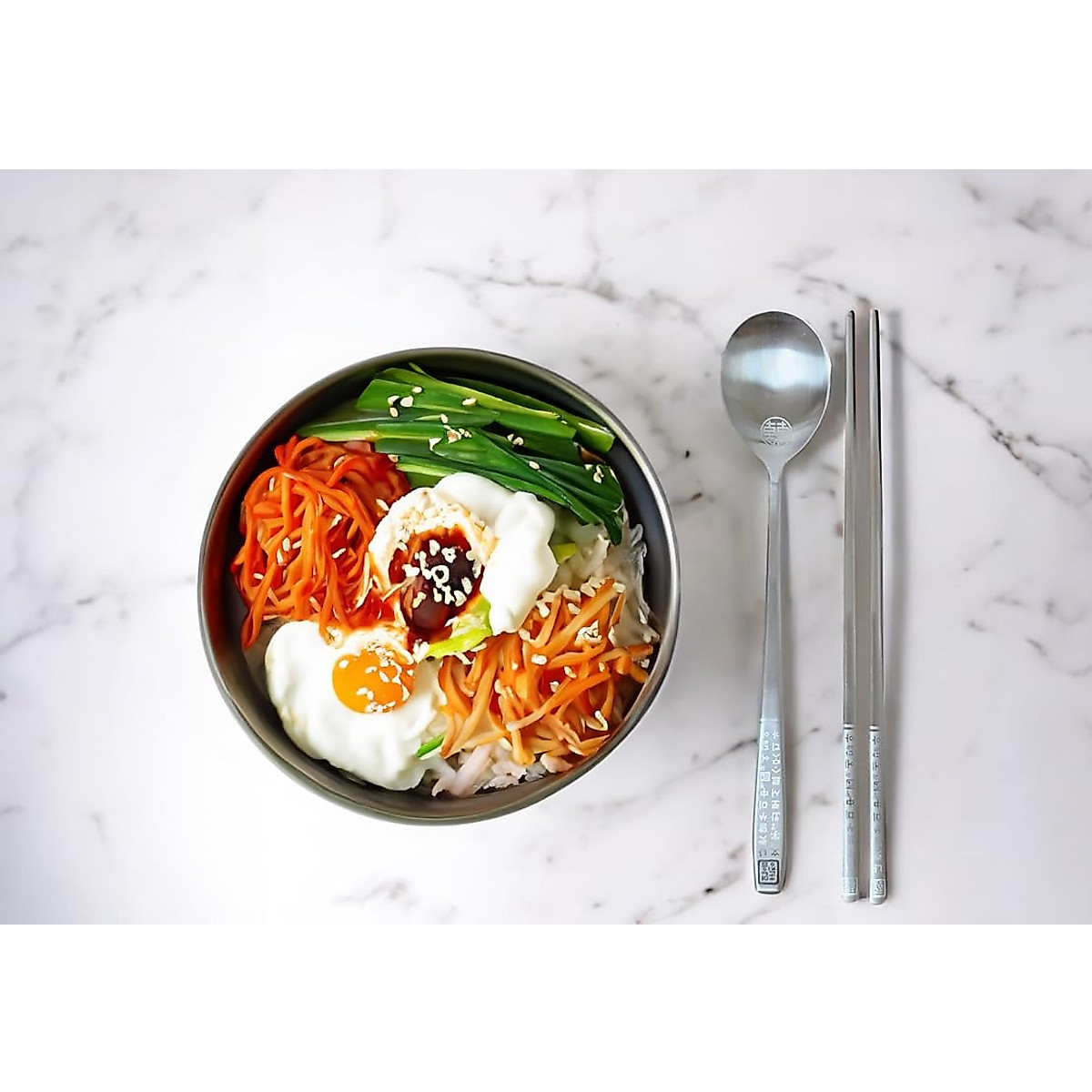 Korean Chopsticks Spoon 2 Set - METAL STAINLESS STEEL -Printed Hangul Characters (Hangul-Silver)